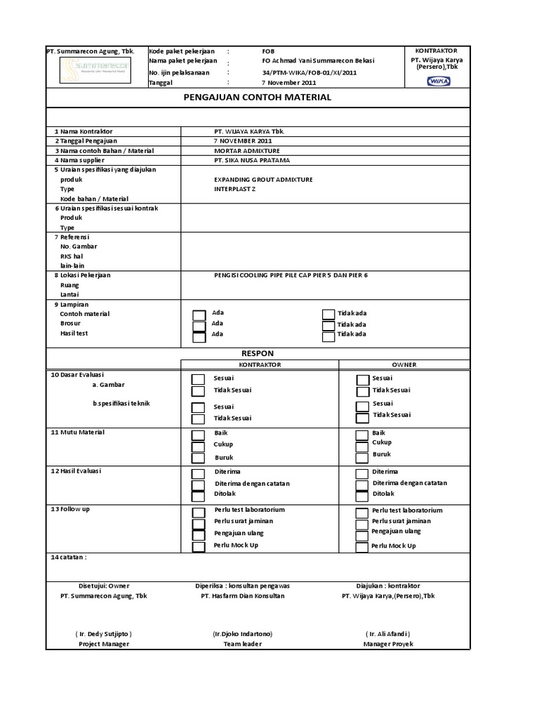 Pengajuan Material Mortar Admixture | PDF