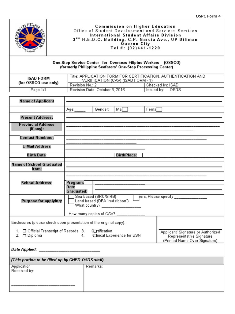 OSPC Form 4: Date Applied: - (This Portion To Be Filled-Up by CHED-OSDS ...