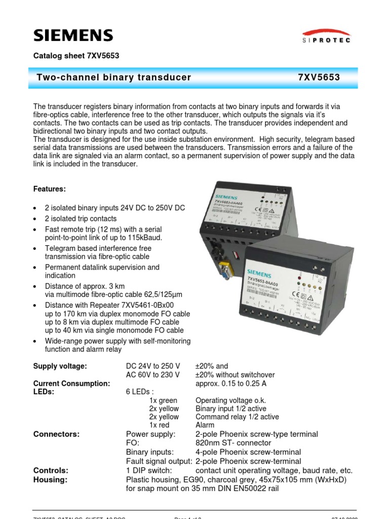 Two-Channel Binary Transducer 7XV5653 | PDF | Power Supply | Direct Current