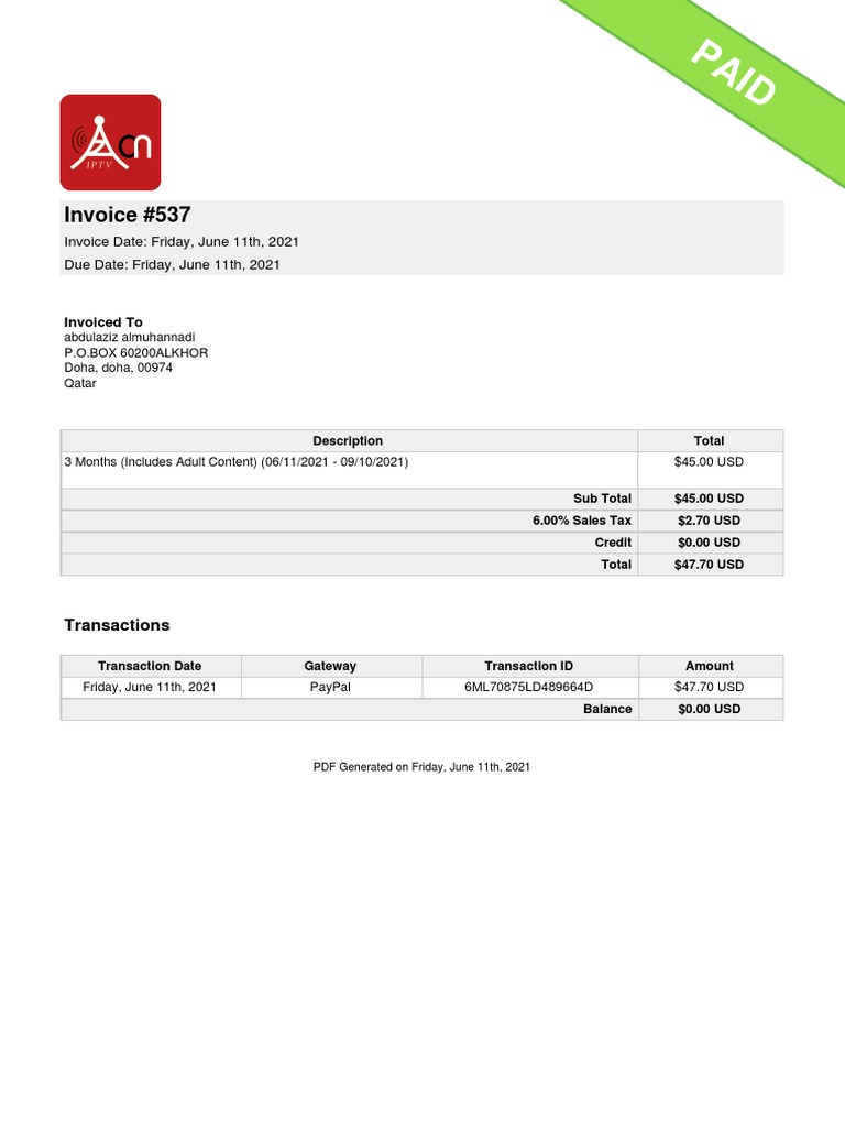 Invoice #537: Invoice Date: Friday, June 11th, 2021 Due Date: Friday, June 11th, 2021 | PDF