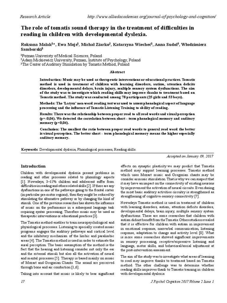 Tomatis Method's Impact on Dyslexia | PDF | Dyslexia | Memory