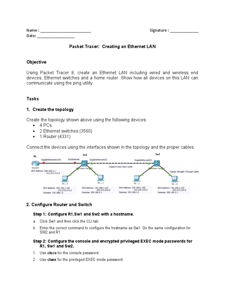 Ethernet LAN Setup with Packet Tracer | PDF | Ip Address | Router ...