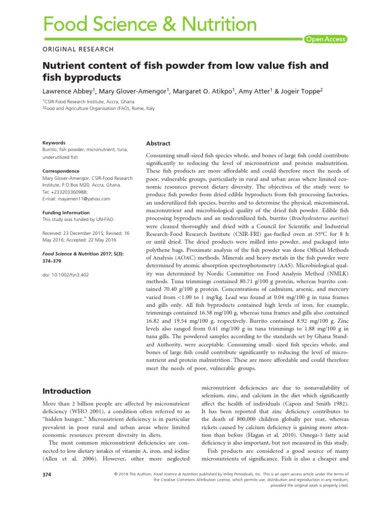 Food Science Nutrition - 2016 - Abbey - Nutrient Content of Fish Powder ...