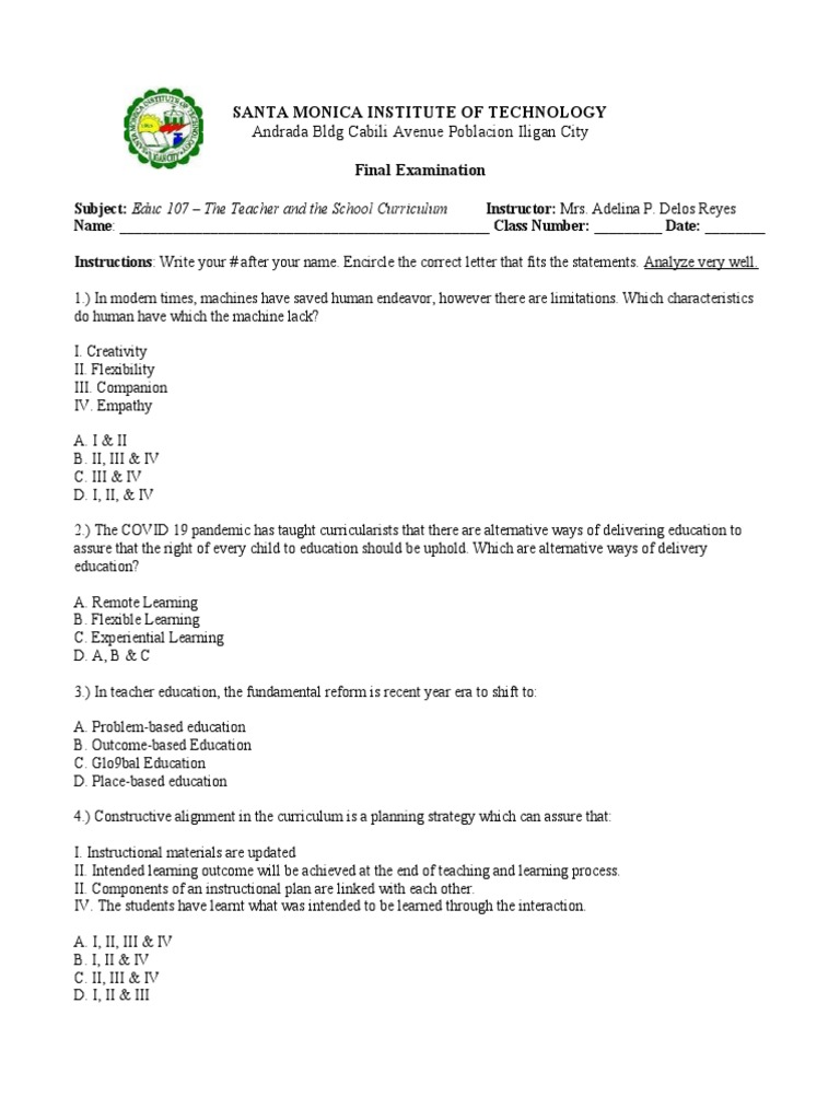 Educ 107 Final Exam: Curriculum Insights | PDF | Curriculum | Teachers