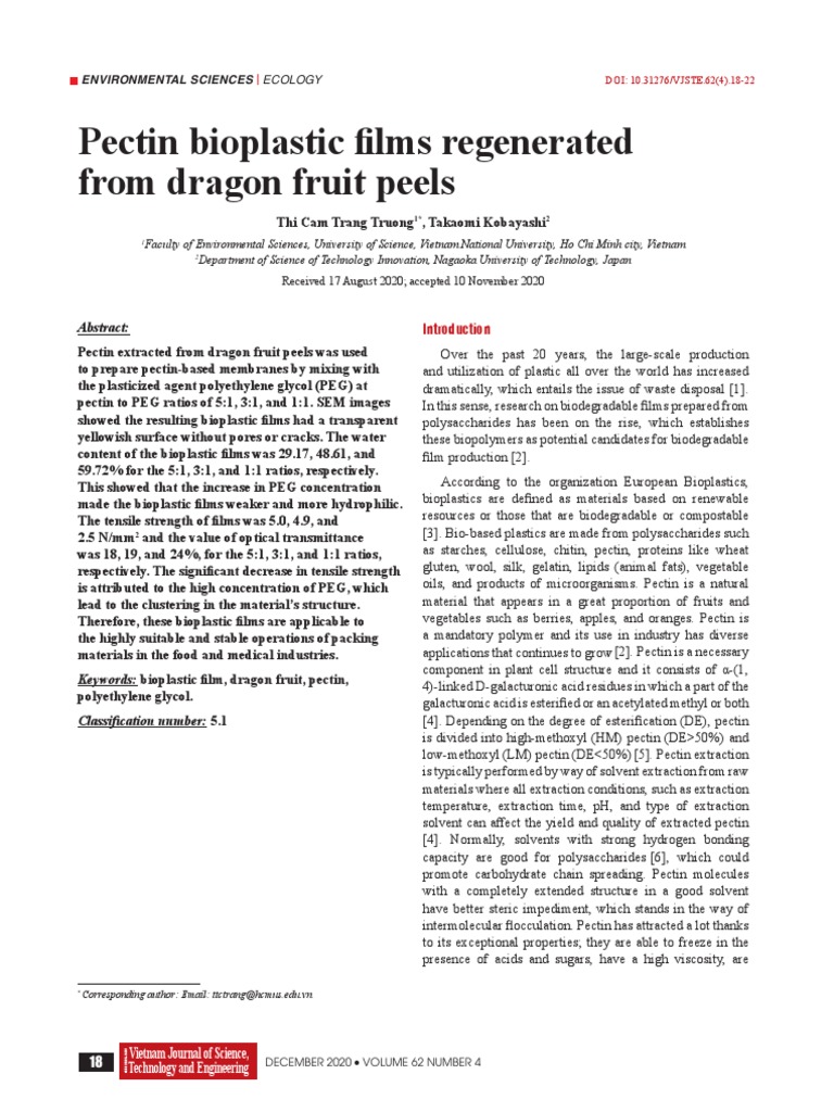 Pectin Bioplastic Films Regenerated From Dragon Fruit Peels: Abstract | PDF | Polymers | Chemistry