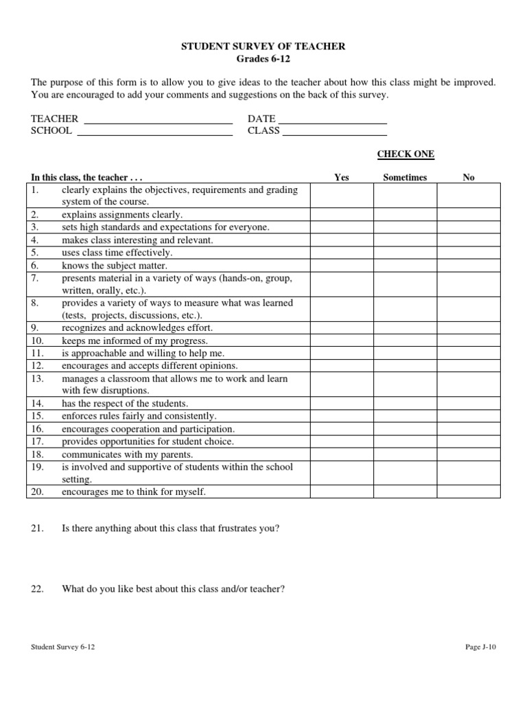Student Feedback Survey for Grades 6-12 | PDF | Career & Growth | Self ...