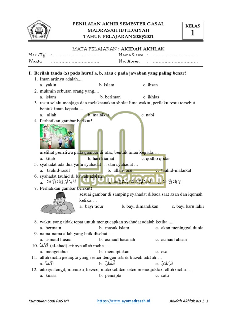 PAS Akidah Akhlak Kls 1 MI Soal Dan Kunci Jawaban | PDF