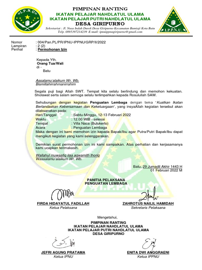 4.) Surat Permohonan Izin (Pan. Penguatan Lembaga) - TTD | PDF