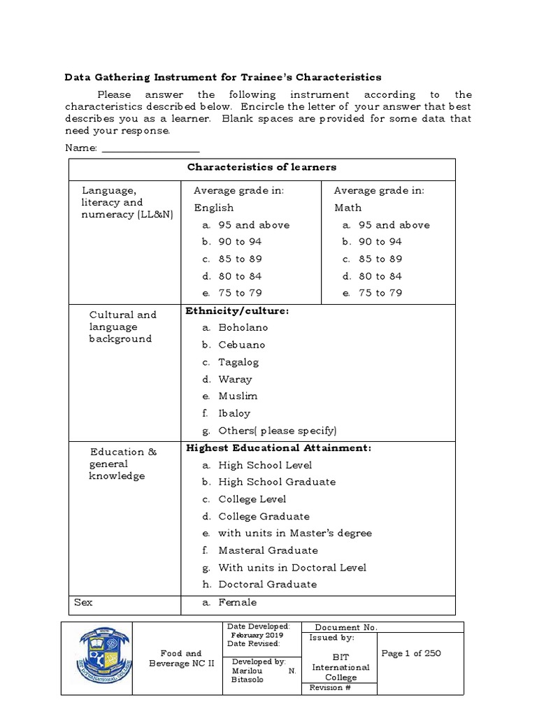 Data Gathering Tools and Self Assessment Checklist | PDF | Occupational ...