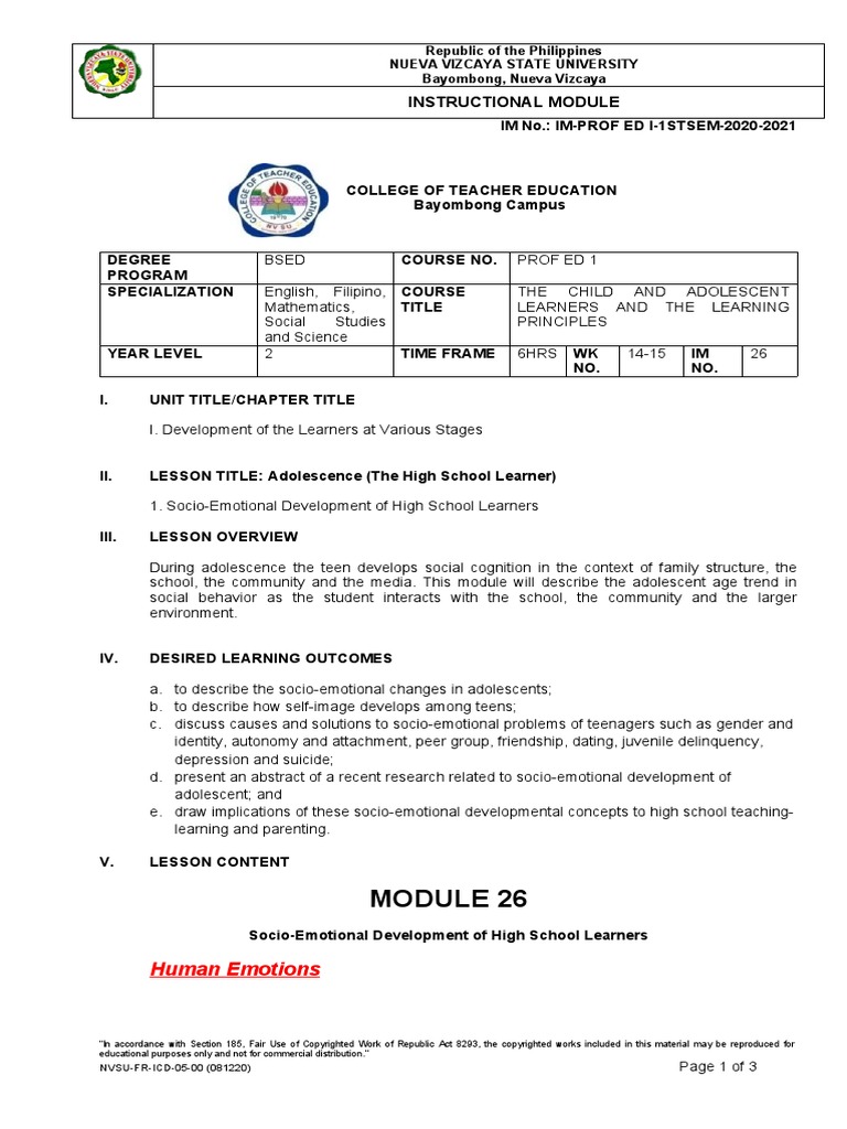 Human Emotions Instructional Module Pdf Emotions Adolescence