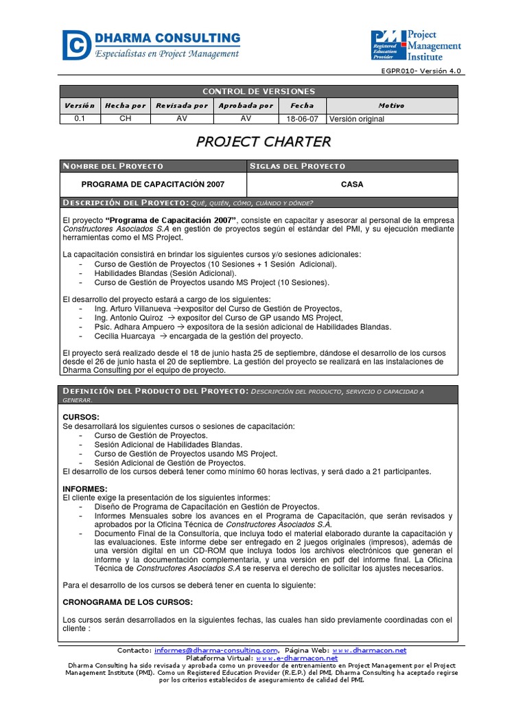 Modelo Ejemplo para Project Charter Del Pmi 22 | PDF | Gestión de proyectos | Presupuesto