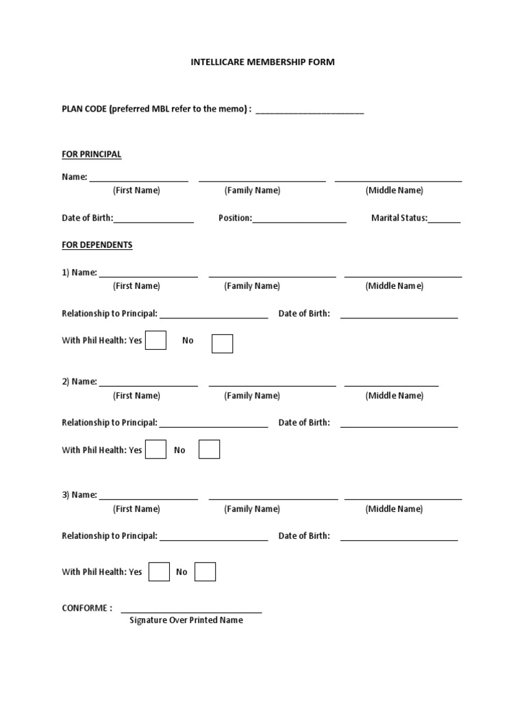 Intellicare Membership Form: PLAN CODE (Preferred MBL Refer To The Memo ...