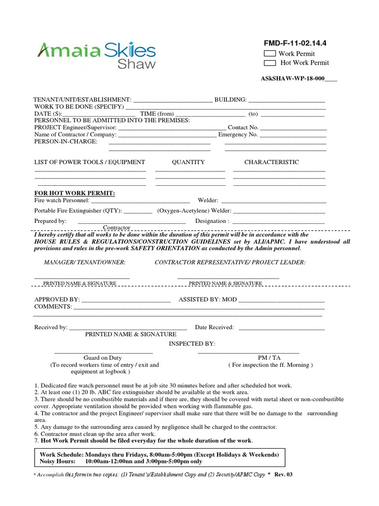 Hot Work Permit Template and Guidelines | PDF | Occupational Safety And ...