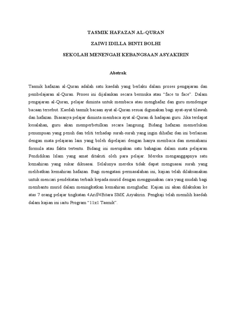 Tasmik Hafazan di SMK Asyakirin | PDF | Karier & Perkembangan