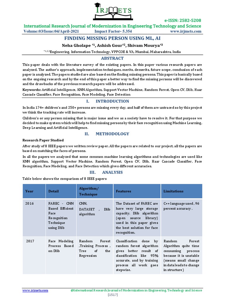 Finding Missing Person Using ML, Ai: Neha Gholape, Ashish Gour, Shivam ...