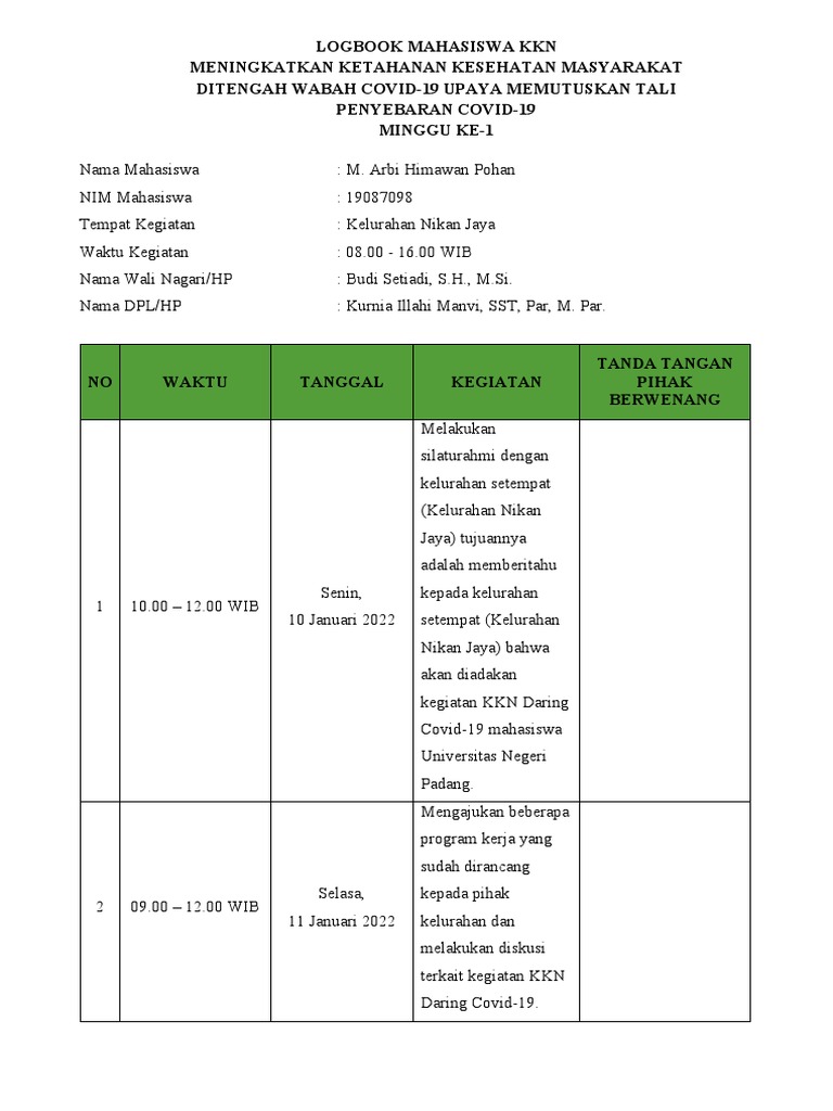 LOGBOOK MAHASISWA KKN M Arbi Himawan Pohan Minggu 1 | PDF