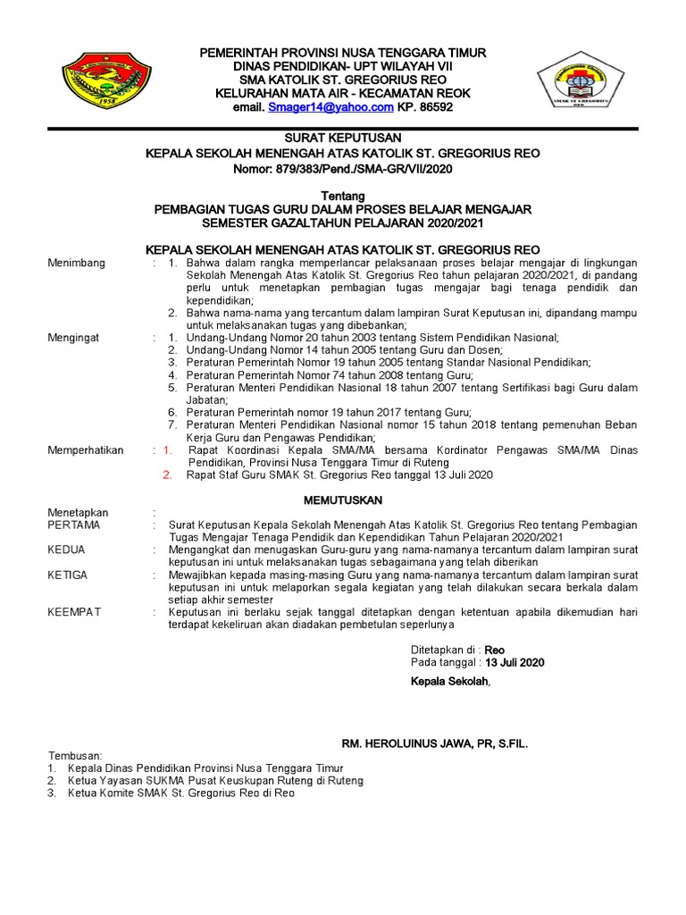 SK Pembagian Jam Mengajar 2020-2021 SMTR 1 | PDF