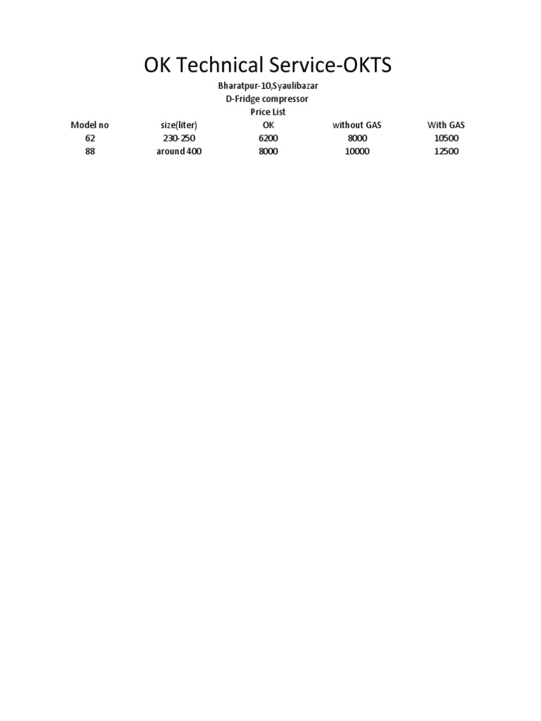 Fridge Compressor Price List | PDF