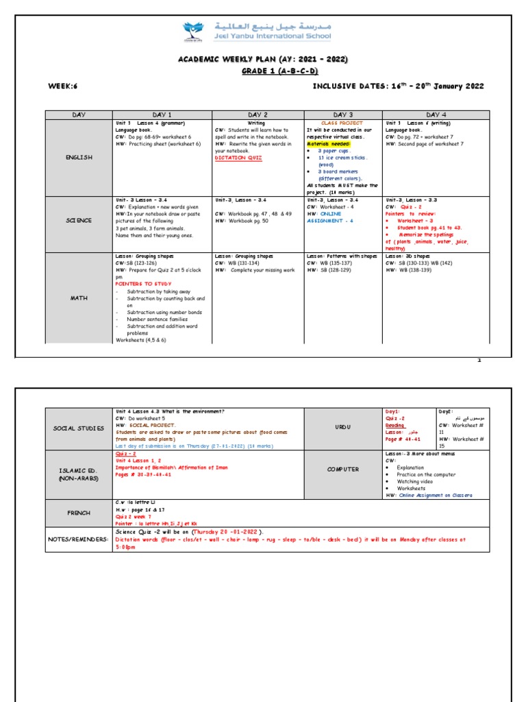 Grade 1 Weekly Plan: Week 6 | PDF | Books | Worksheet