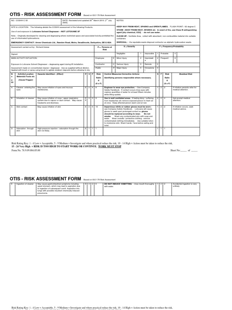 Otis Risk Assessment Form COSHH | PDF | Safety | Occupational Safety ...