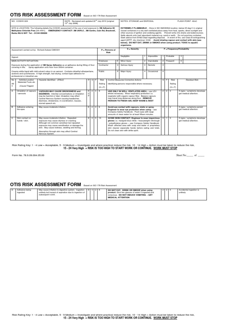 Otis Risk Assessment Form: 15 - 24 Very High Risk Is Too High To Start ...