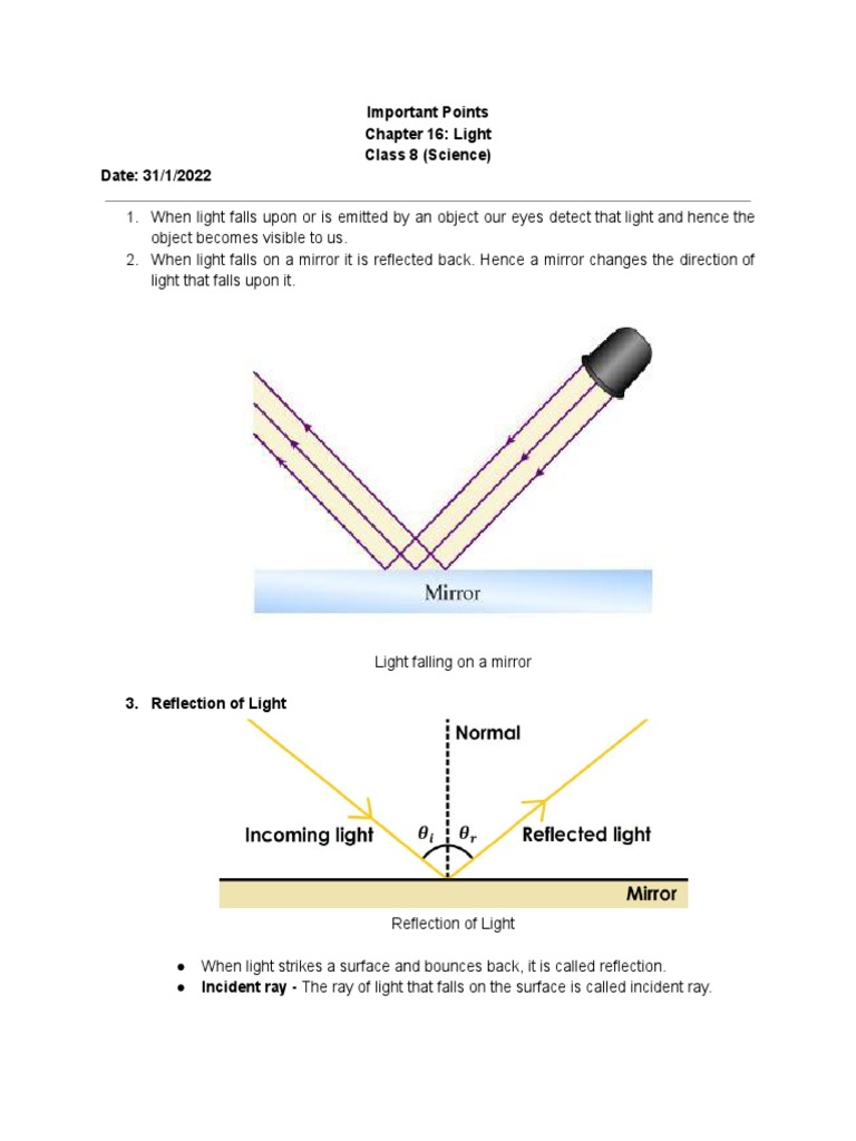 Important Points Chapter 16 Light Class 8 | PDF | Reflection (Physics ...