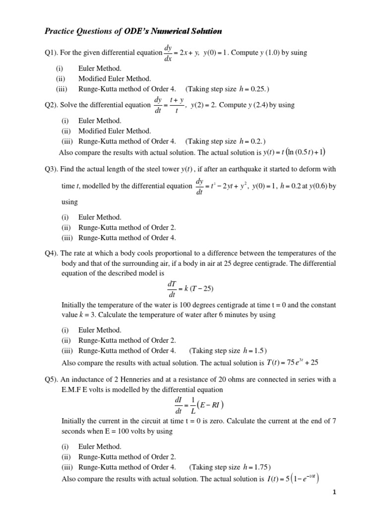 Practice Questions of ODE's Numerical Solution: Y, y X DX Dy | PDF ...