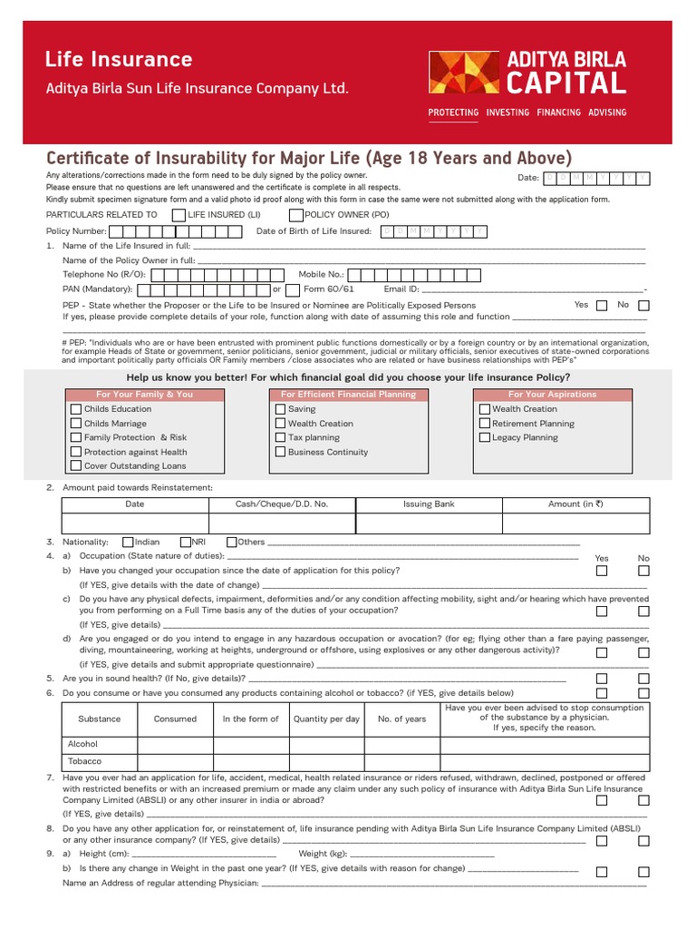 Life Insurance: Certificate of Insurability For Major Life (Age 18 ...
