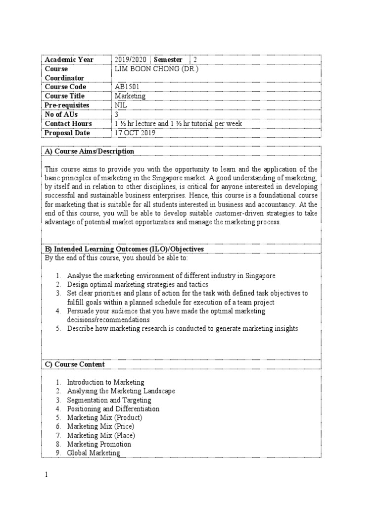 Marketing Course Overview 2019/2020 | PDF | Academic Integrity | Marketing