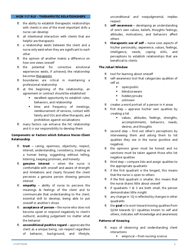 Nurse-Client Therapeutic Relationships Guide | PDF | Attitude ...