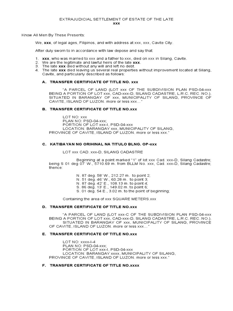 Sample Extrajudicial Settlement of Deceased-L21-00051747 | PDF | Travel ...