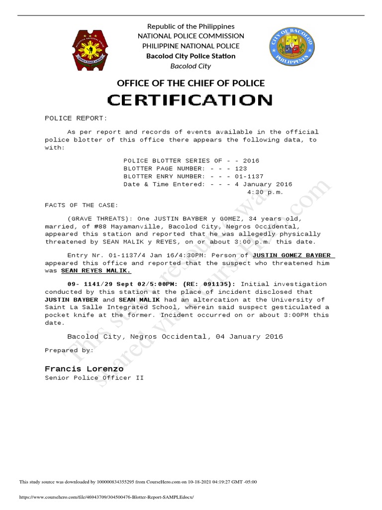 Blotter Report SAMPLE | PDF | Law Enforcement | Crime & Violence