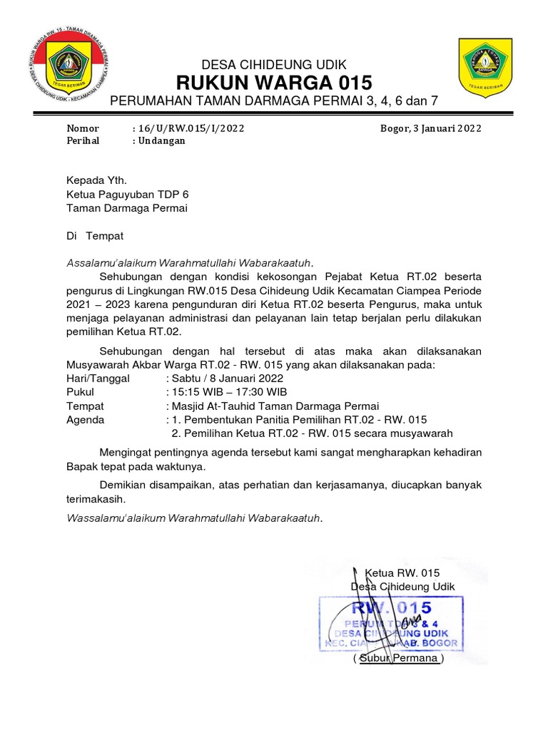 Undangan Paguyuban TDP 6 Pemilihan RT.02 RW. 015 | PDF