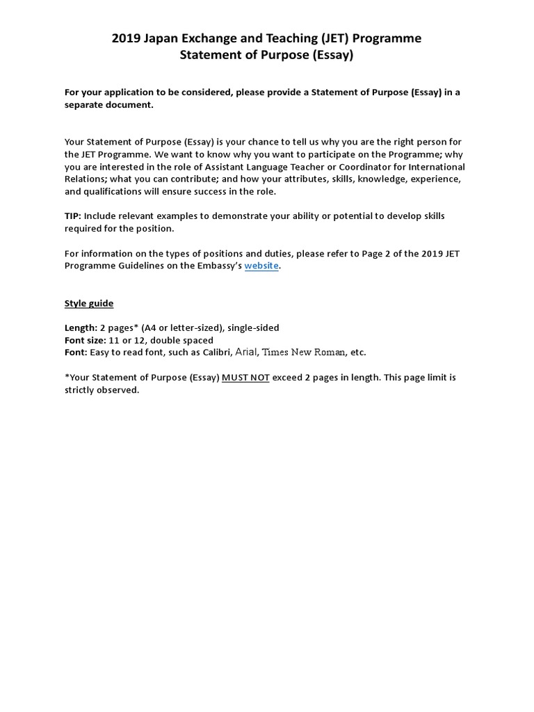 2019 Japan Exchange and Teaching (JET) Programme Statement of Purpose ...