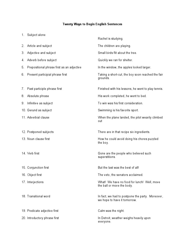 Twenty Ways To Begin English Sentences | PDF