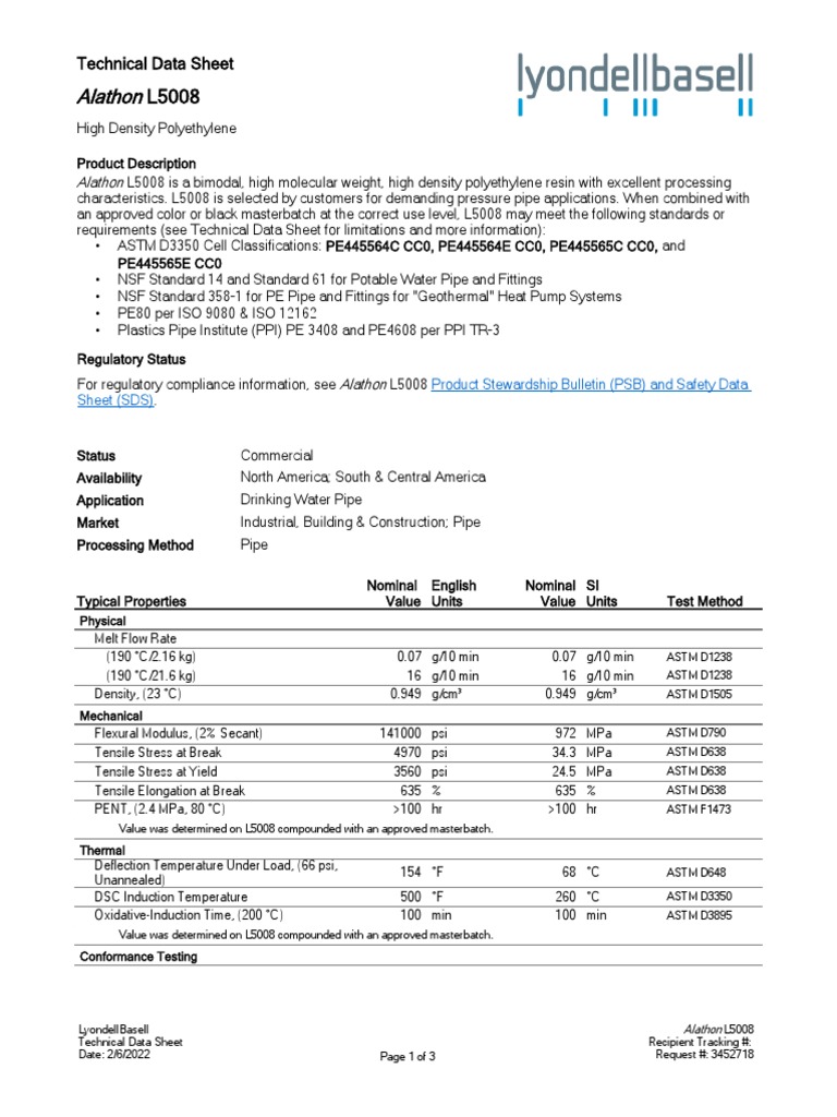 Alathon: Technical Data Sheet | PDF | Pipe (Fluid Conveyance ...