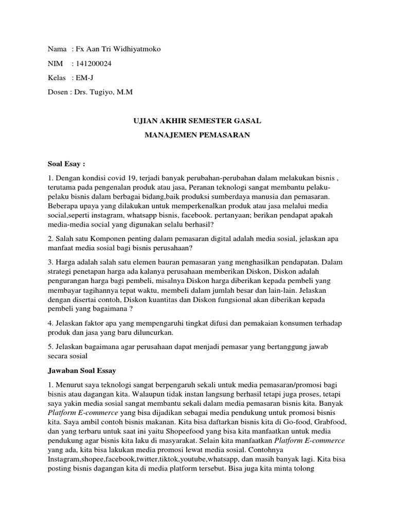 FX Aan Tri W - 141200024-EM-J - UAS M.PEMASARAN | PDF