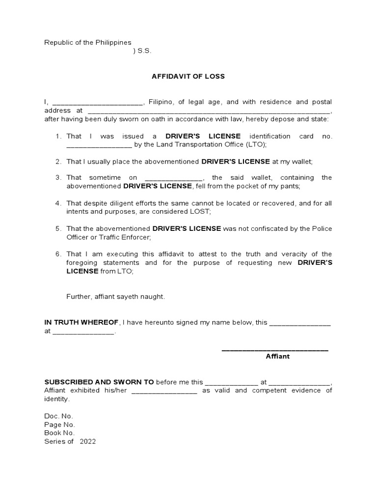 Affidavit of Loss - Driver's License | PDF | Law