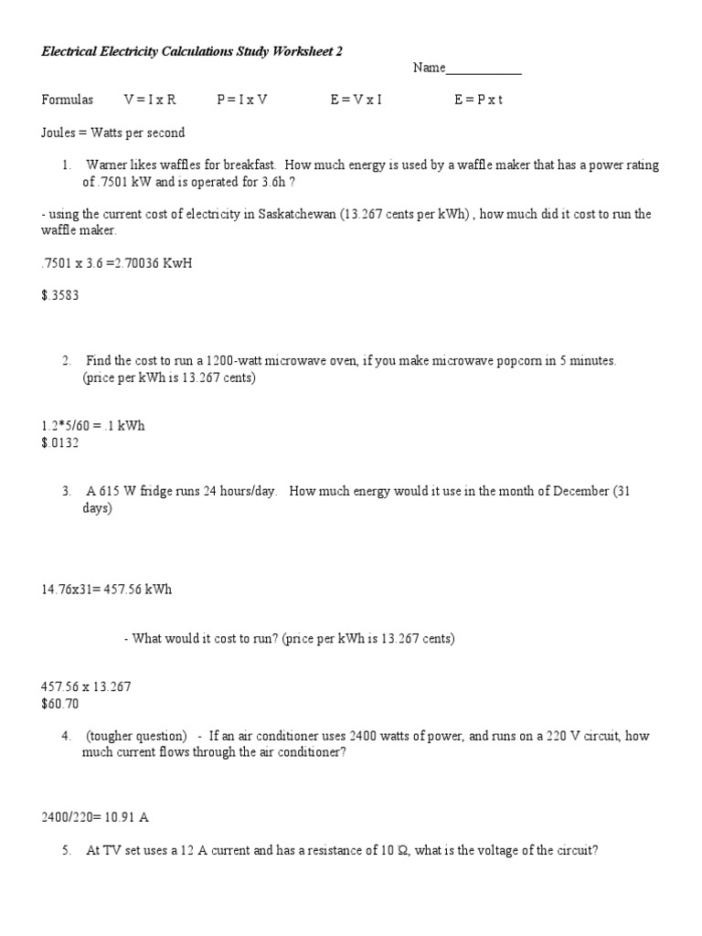 Electrical Energy Cost Calculations Worksheet | PDF | Home & Garden ...