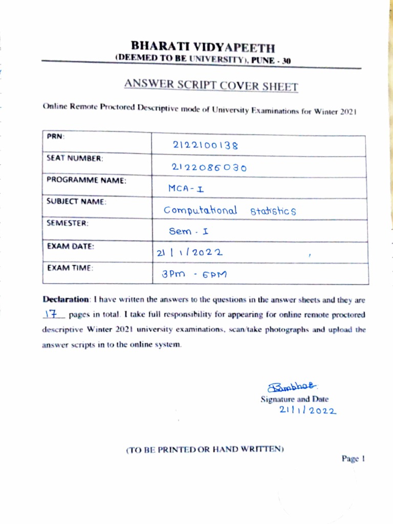 Answer: Script Cover Sheet | PDF | Skewness | Descriptive Statistics