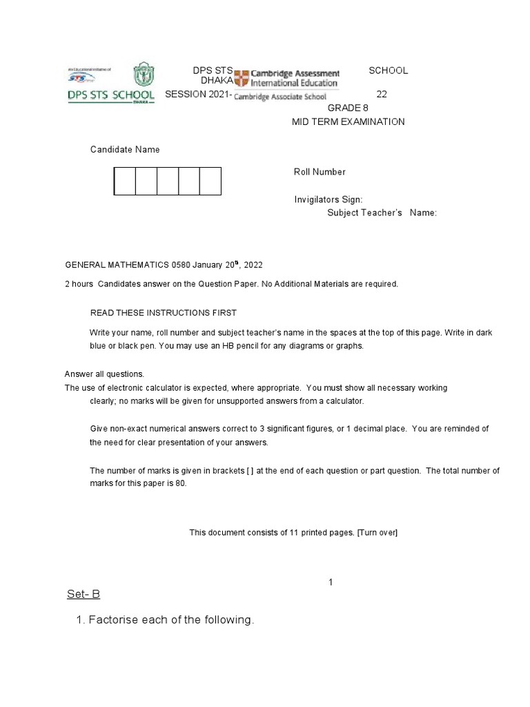 Grade 8 Mid Term Math Exam Paper | PDF | Area | Geometry