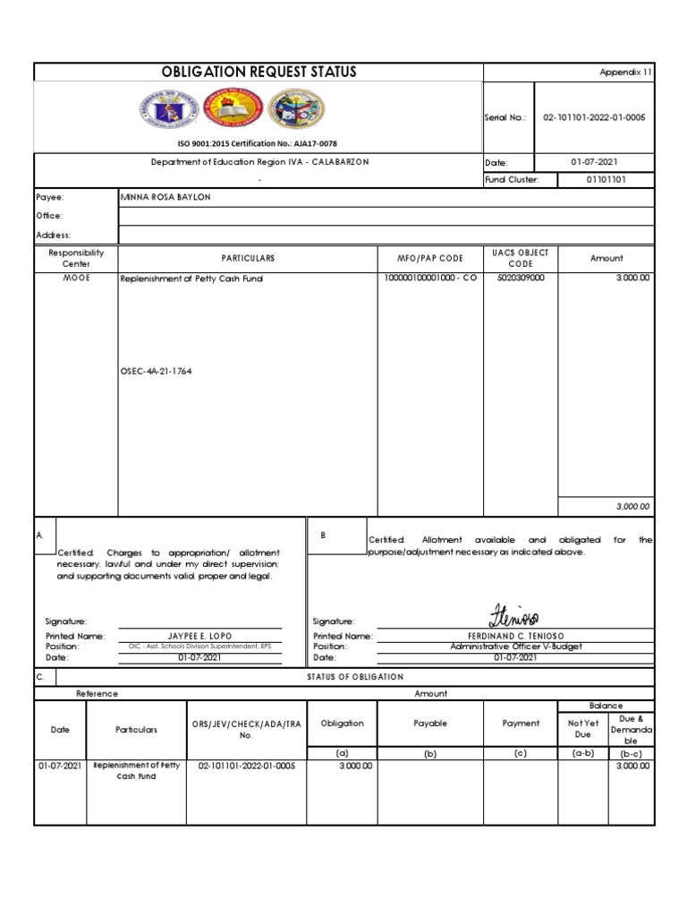 Obligation Request Status: Replenishment of Petty Cash Fund | PDF ...