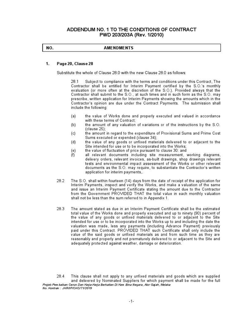 Addendum No. 1 To The Conditions of Contract PWD 203/203A (Rev. 1/2010 ...