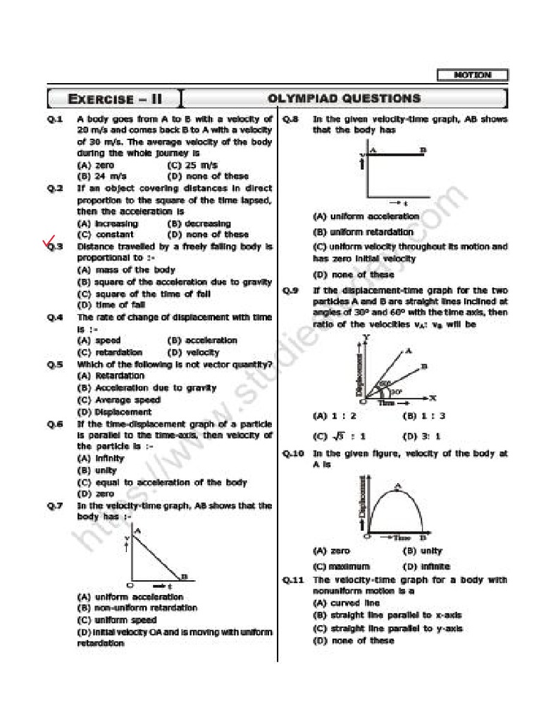 CBSE Class 9 Science Motion MCQs Set A 1 | PDF