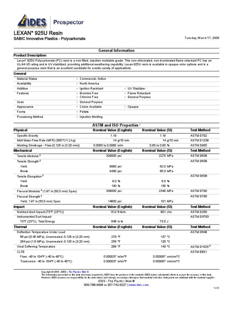 Lexan 925u Resin | PDF | Materials | Building Engineering