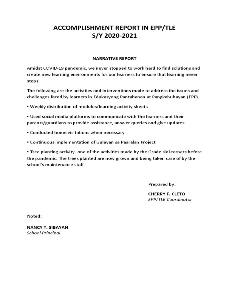 Accomplishment Report in Epp 2020-2021 Ces | PDF