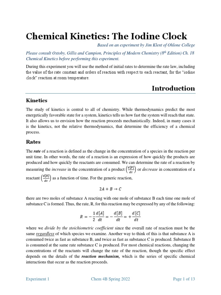 Chemical Kinetics: The Iodine Clock Reaction Rate | PDF | Reaction Rate ...