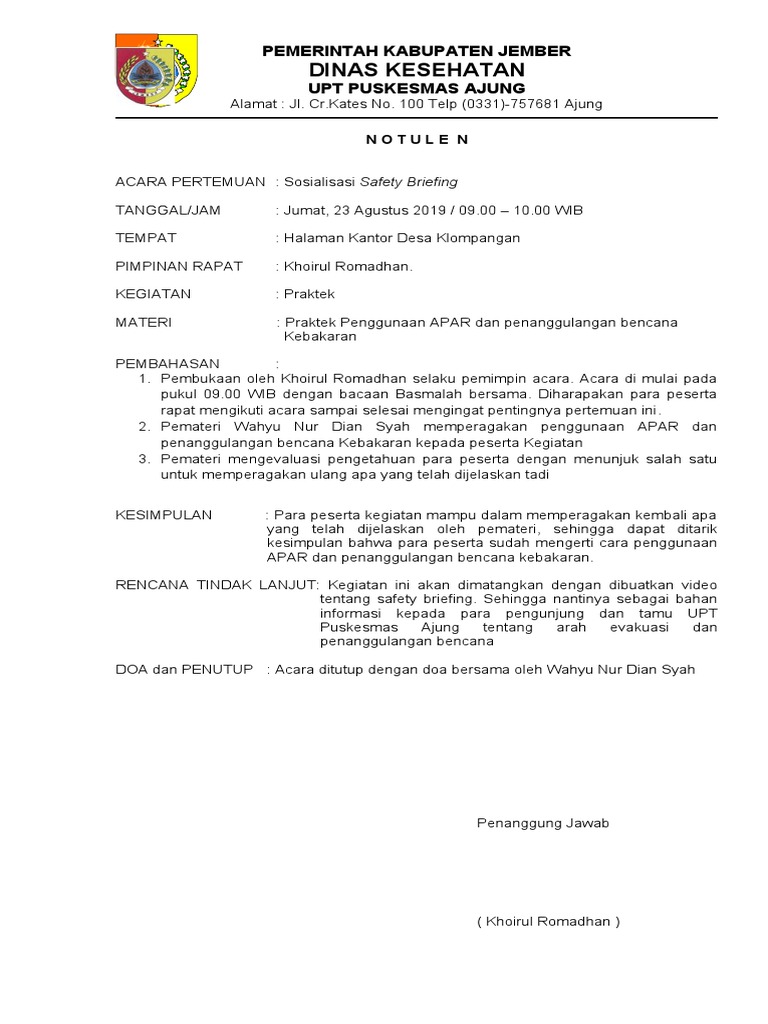 Notulen Sosialisasi Safety Briefing | PDF