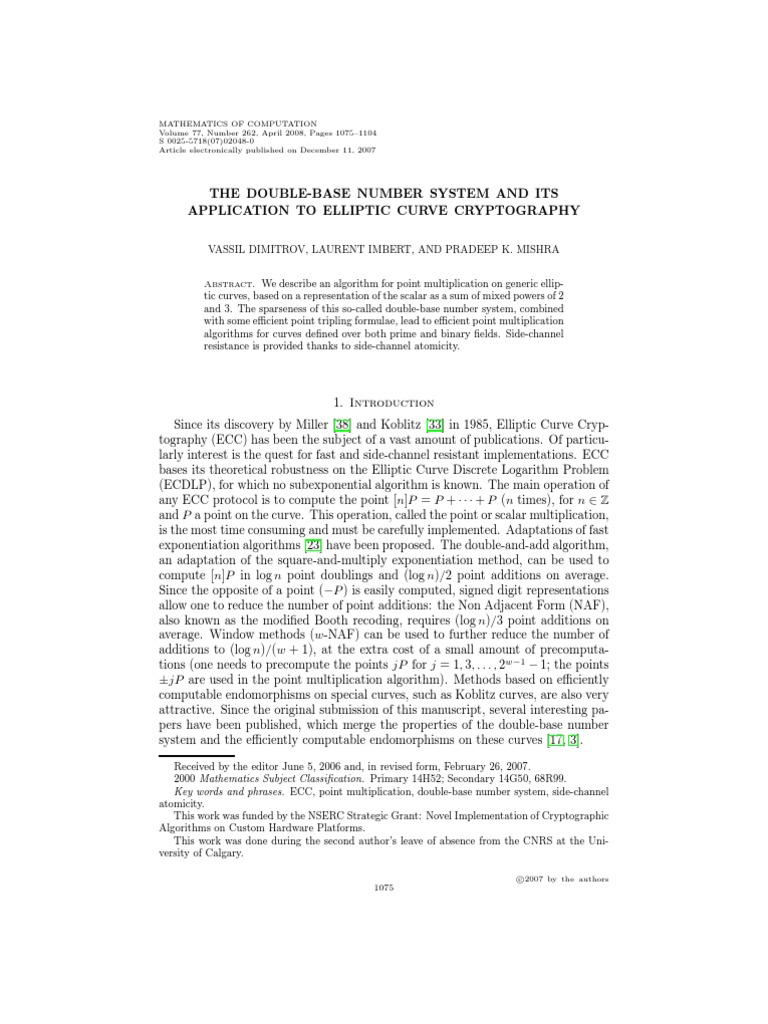 The Double-Base Number System and Its Application To Elliptic Curve Cryptography | PDF ...