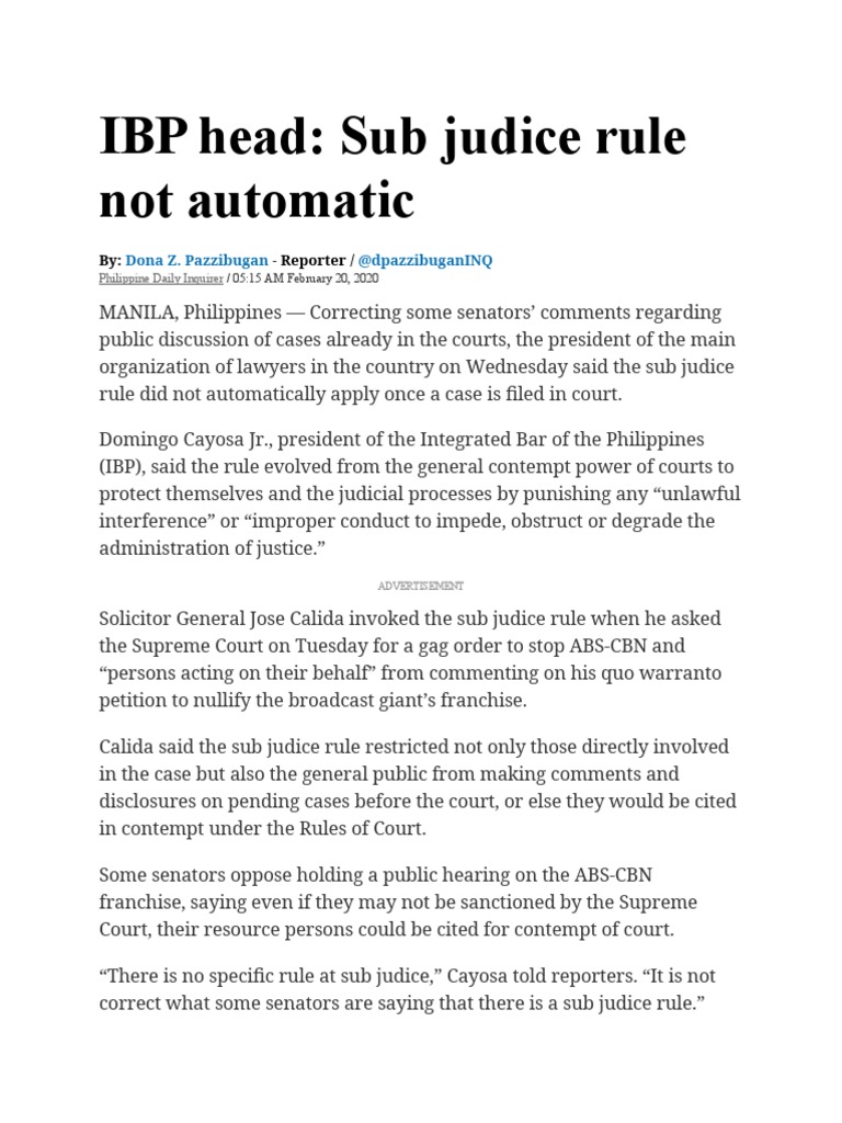 IBP head Sub Judice Rule | PDF | Supreme Court Of The United States ...